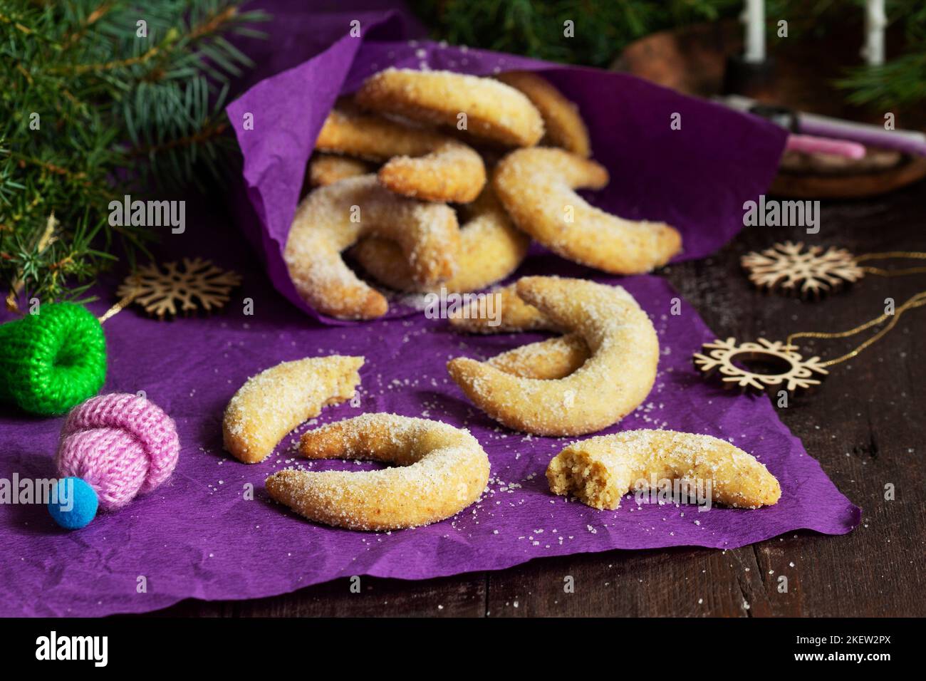 Traditional advent cookies vanilla crescents on a purple background ...