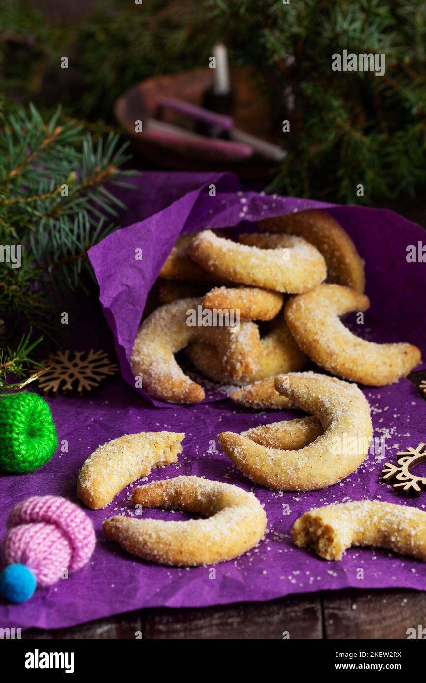 Traditional advent cookies vanilla crescents on a purple background ...