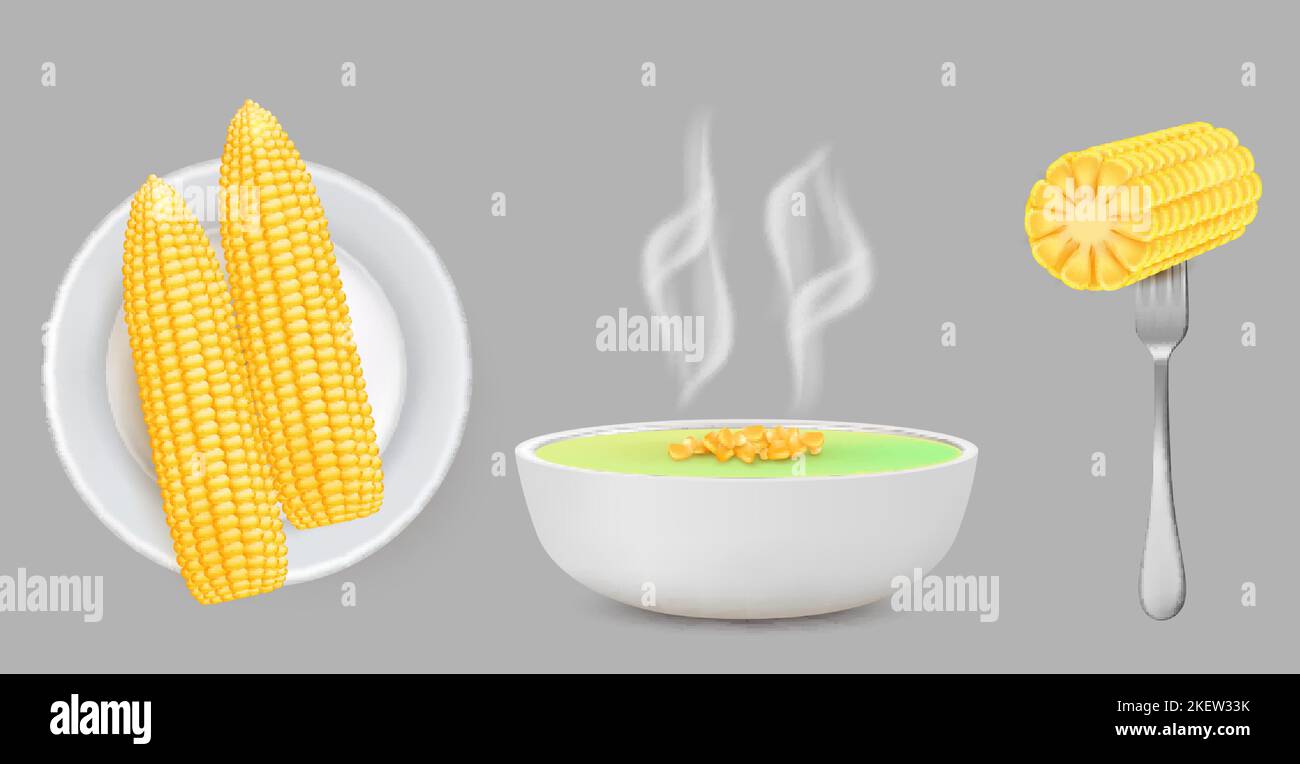 Corn food set, vector isolated illustration. Realistic boiled sweet ...