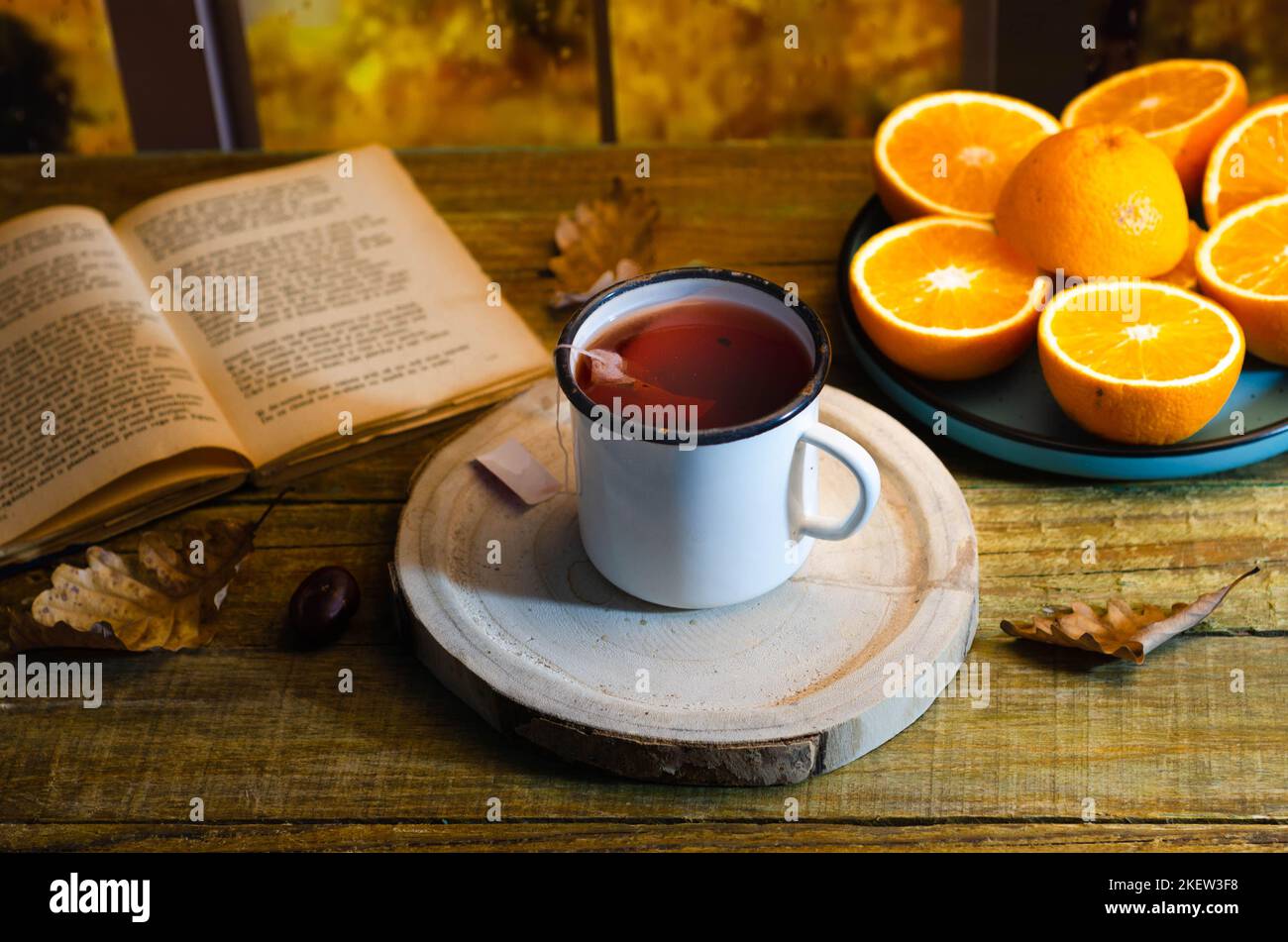 Cup of autumn tea with a book and yellow dry leaves near a window, copy ...