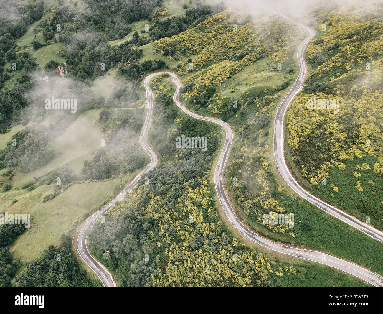 aerial view of a long road winding on the slope of the green mountain ...