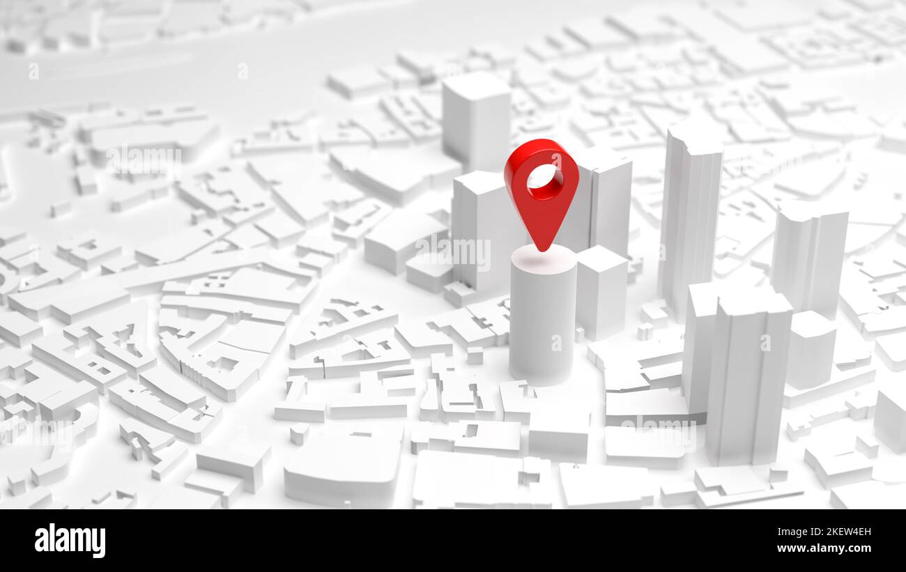 Map pin on a building in a 3d generated city Stock Photo - Alamy