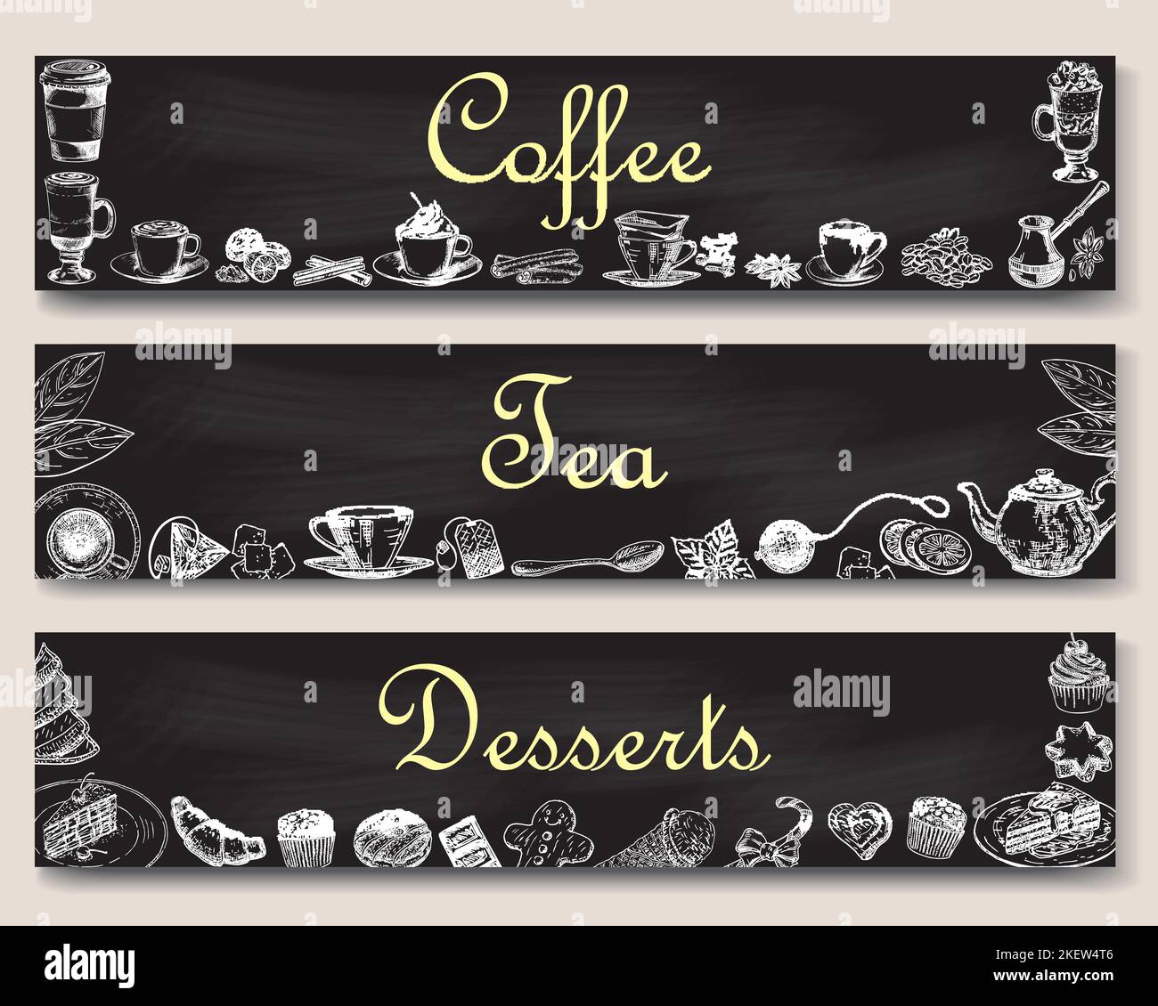 Hot drinks vector banner template set. Hand drawn coffee, tea and ...