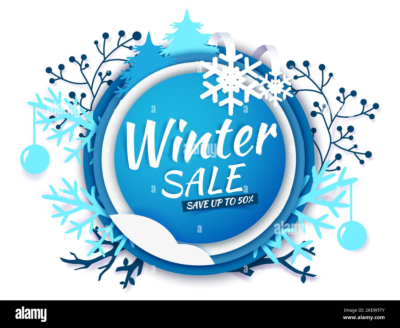 Decorative frame with snowy trees snowflakes balls Winter sale creative ...