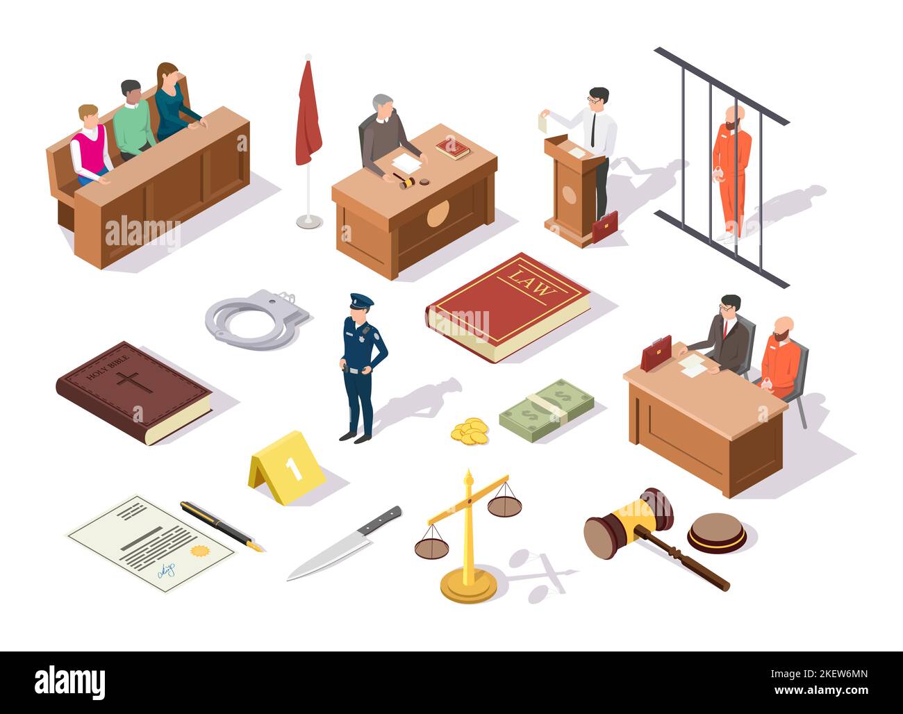 Law justice isometric icon set, vector illustration. Legal trial and juridical symbols judge ...