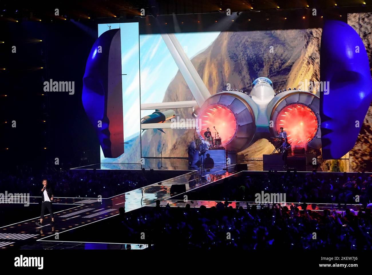 OneRepublic perform on stage at the MTV Europe Music Awards 2022 held ...