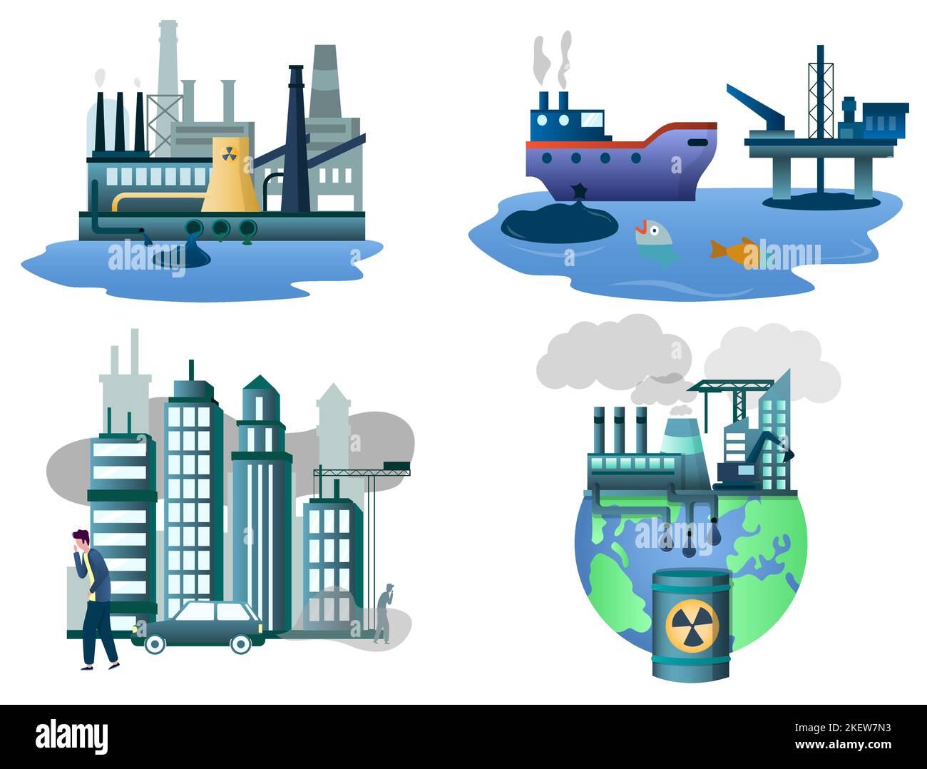 Air and water pollution vector illustration set isolated on white ...