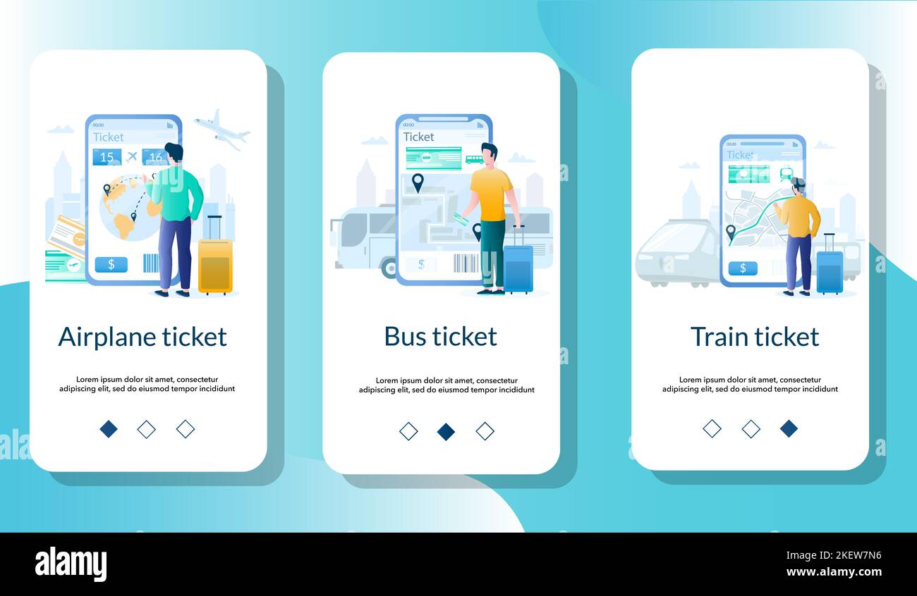 Airplane, bus and train tickets mobile app onboarding screens. Menu ...