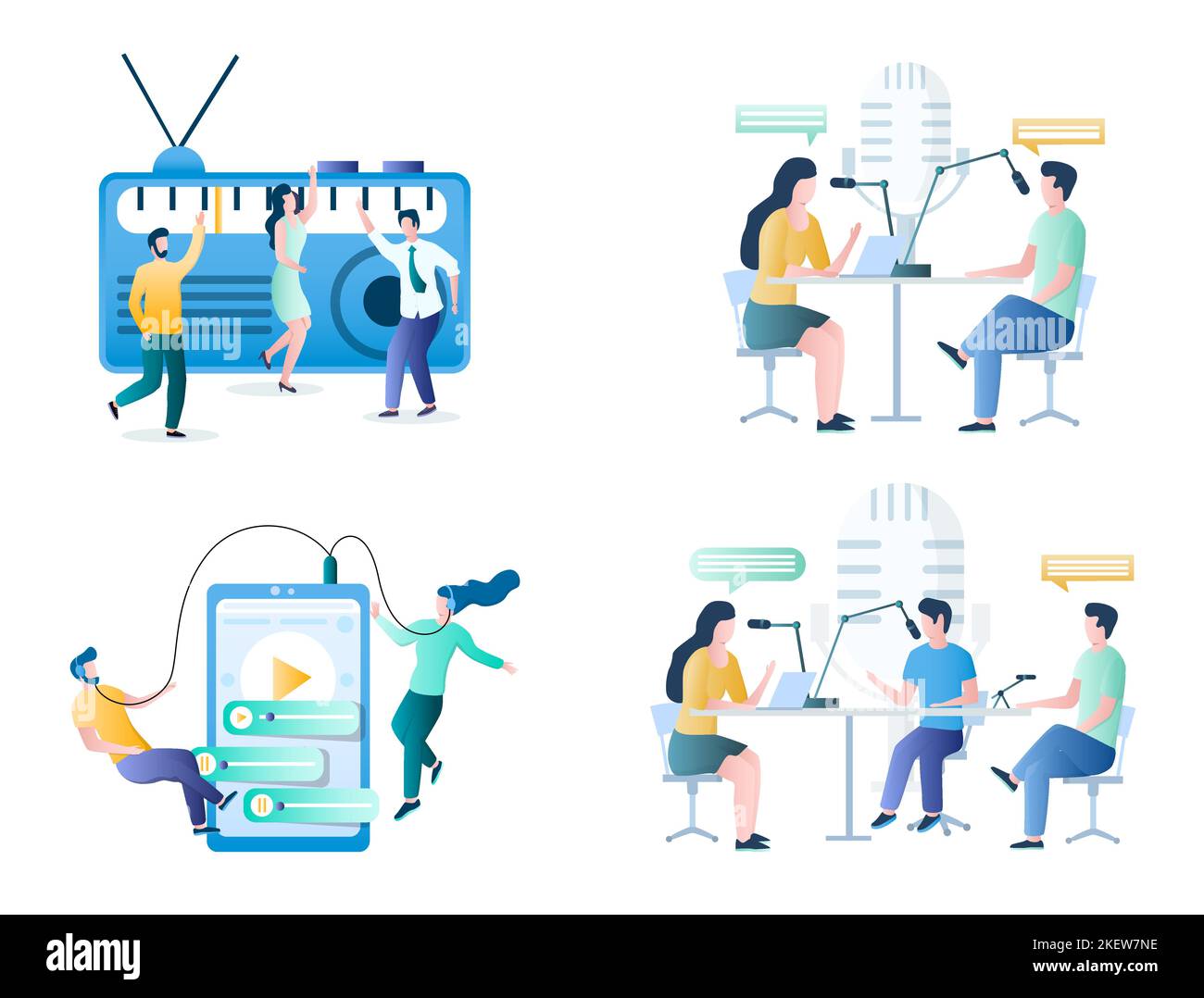 Internet radio, vector illustration set isolated on white background ...