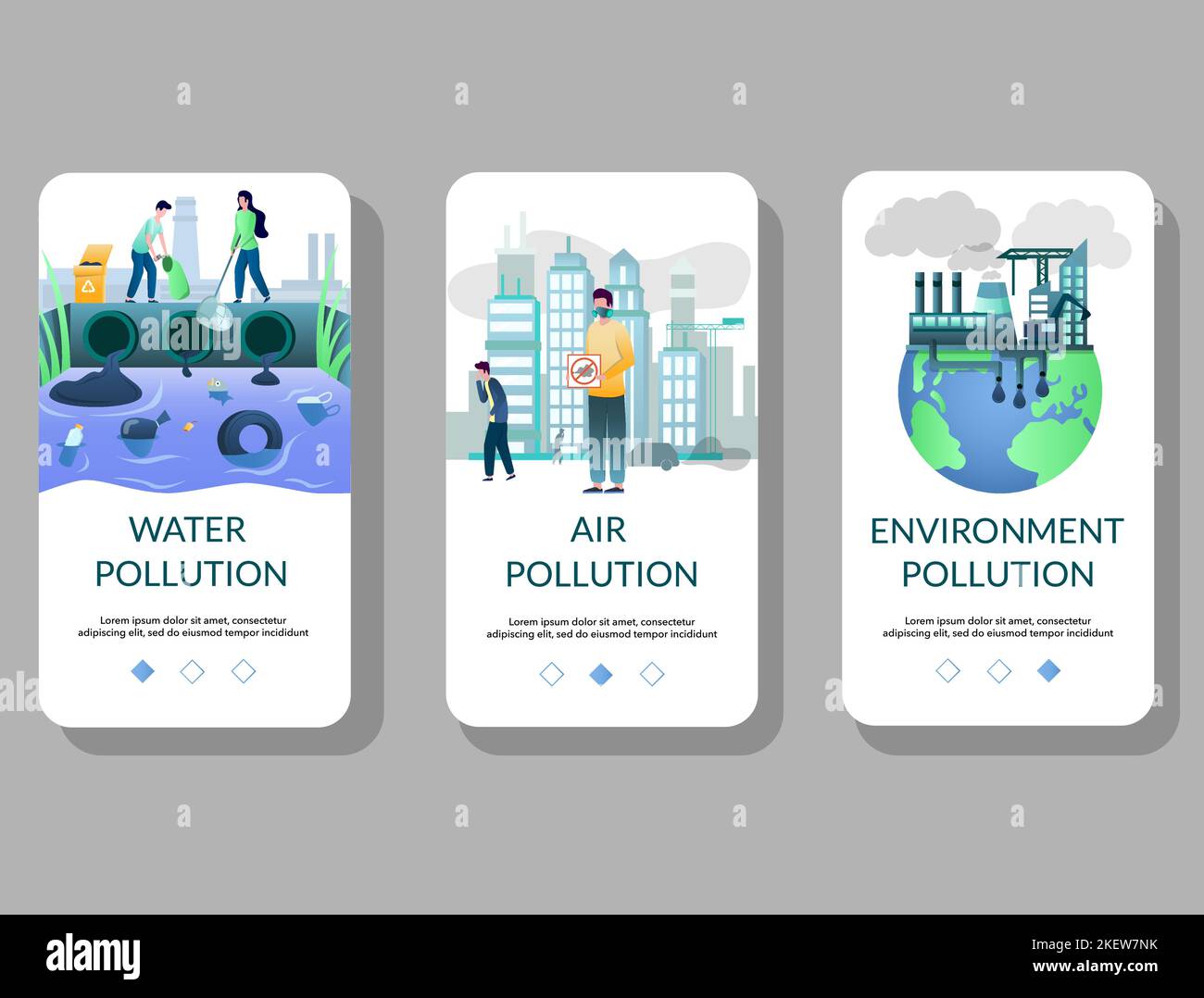 Water, air and environment pollution mobile app onboarding screens ...