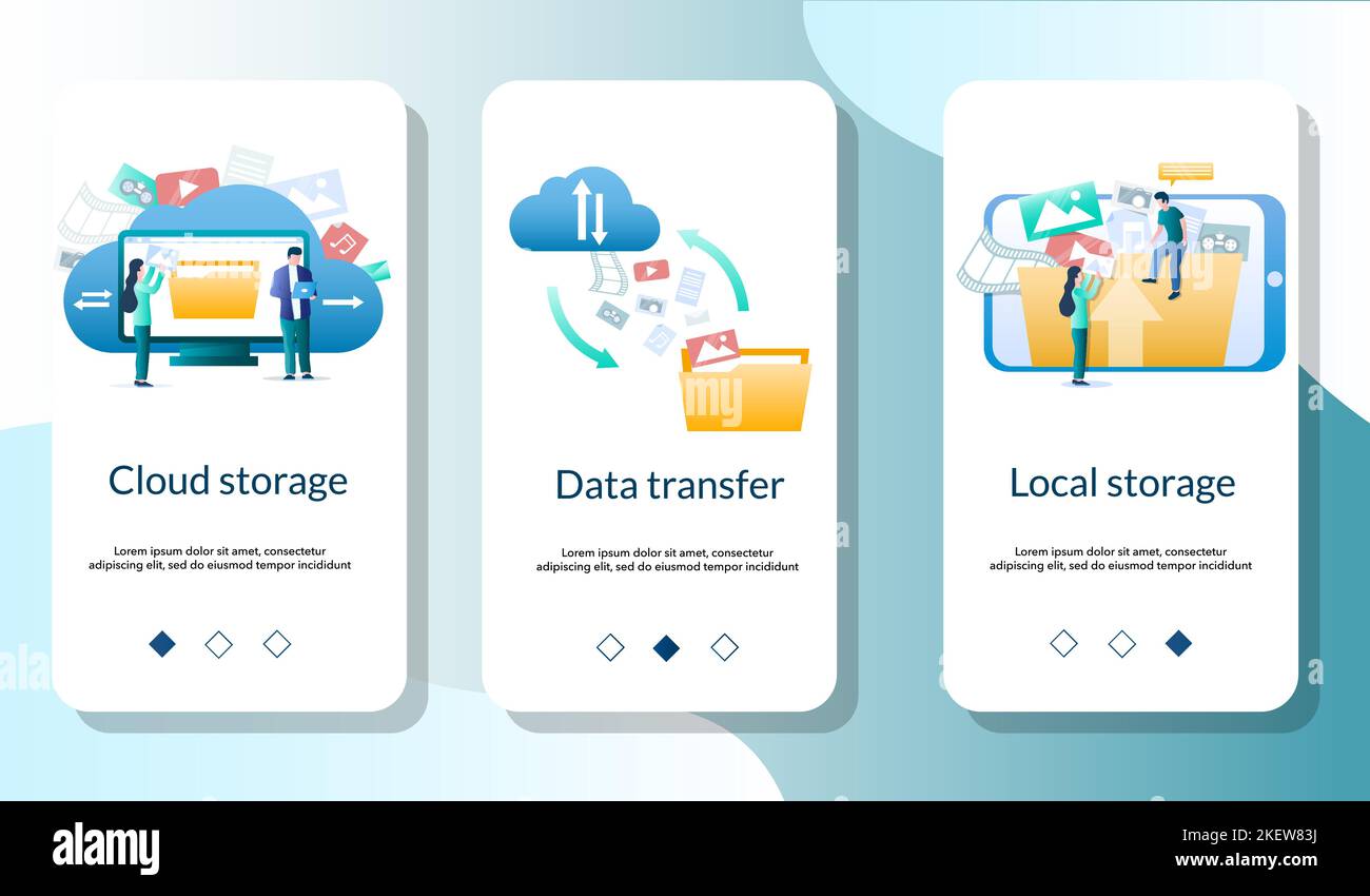 Cloud and local storage, Data transfer mobile app onboarding screens. Menu banner vector ...