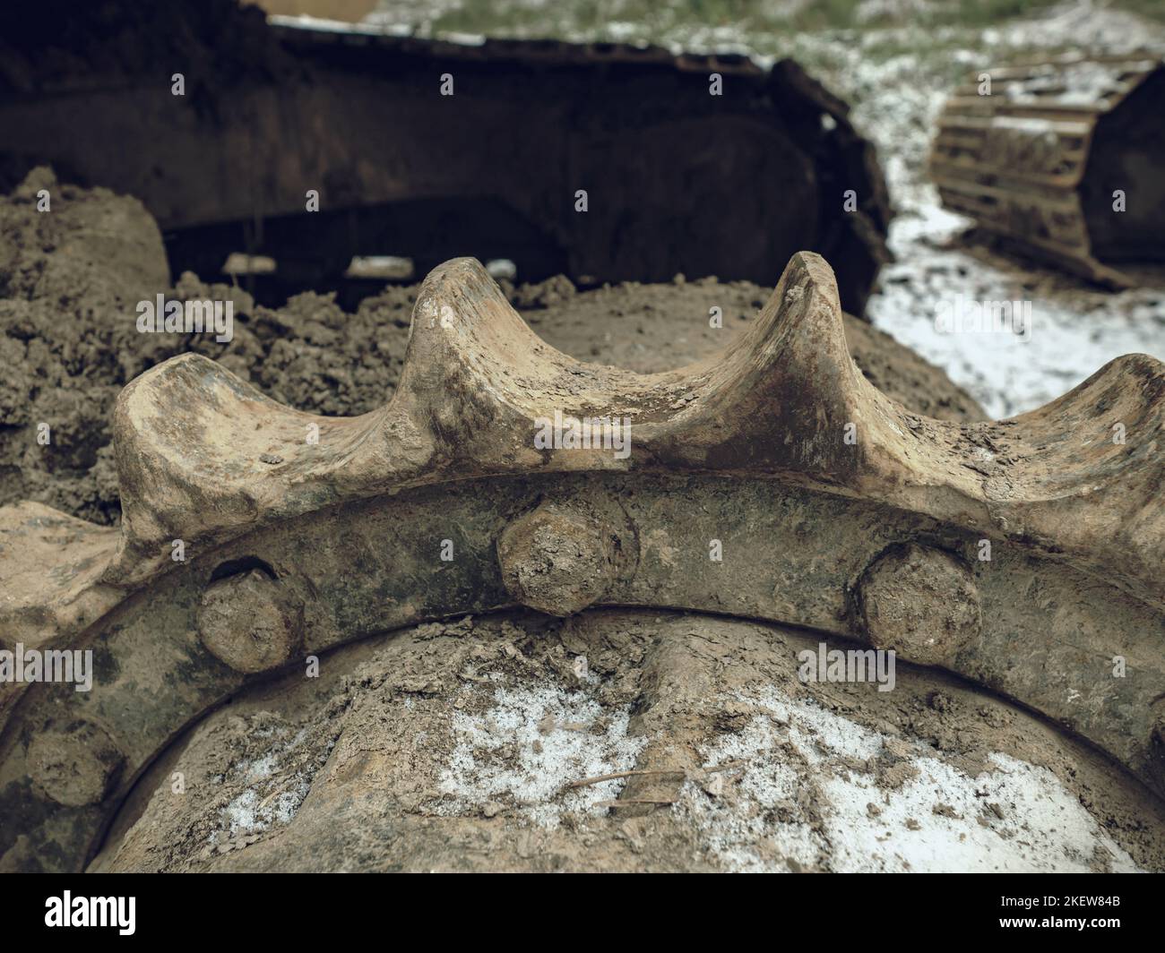 Detail of chain gear of tracked vehicle. Crawler tracks hydraulics on a ...