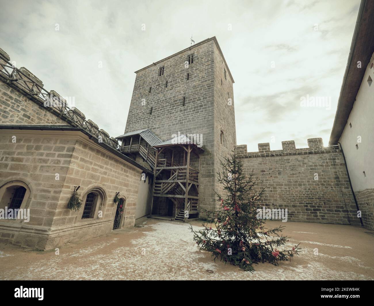 Kost Castle in Czech Republic. Main inside patio with Christmas tree ...