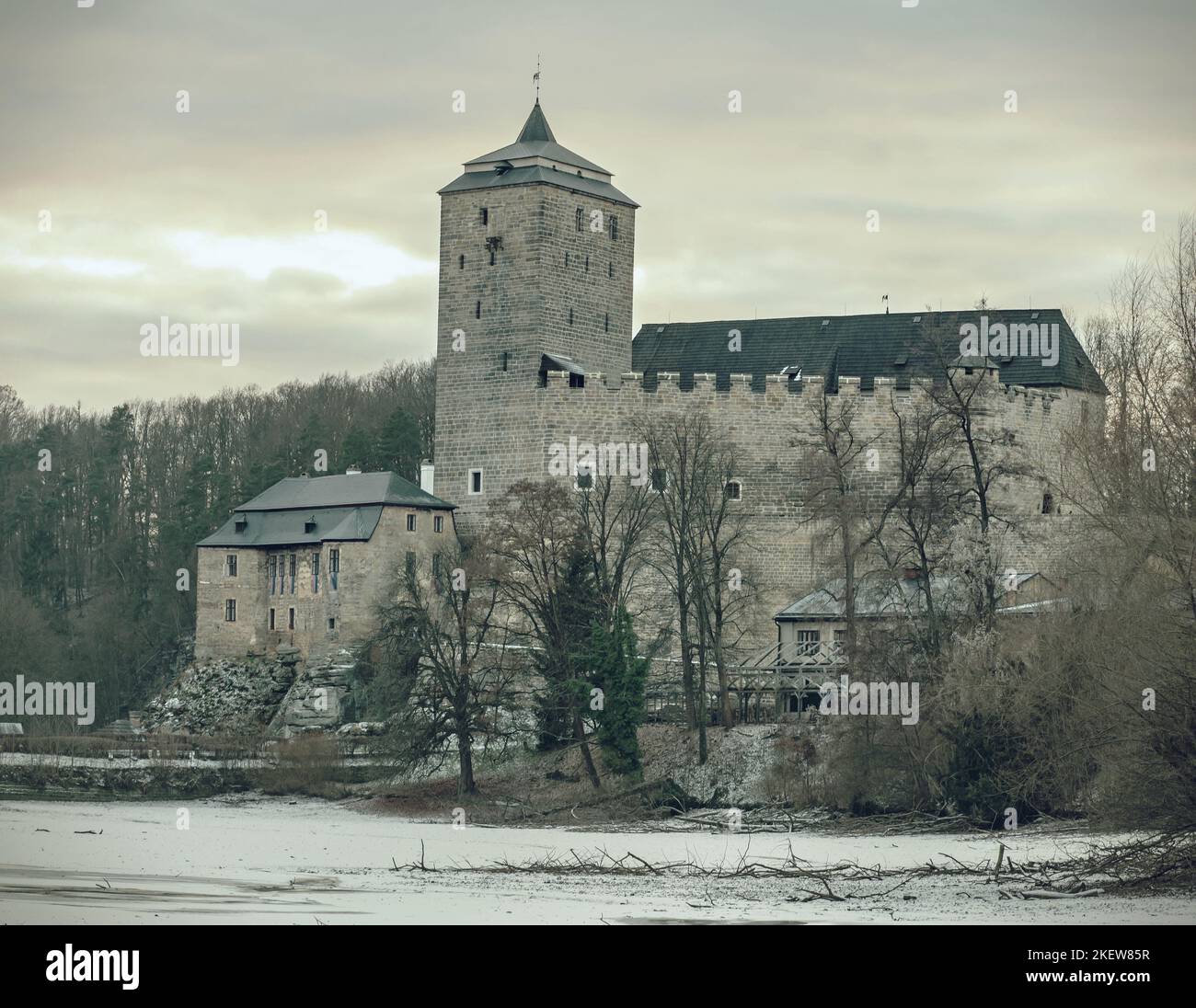 Medieval gothic castle Kost or Bone with tower in spring day, ancient ...