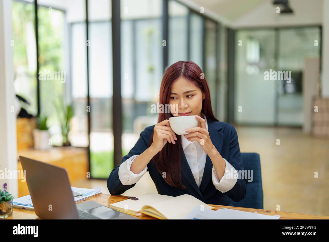 Asian female worker using computer and budget documents on desk Stock ...