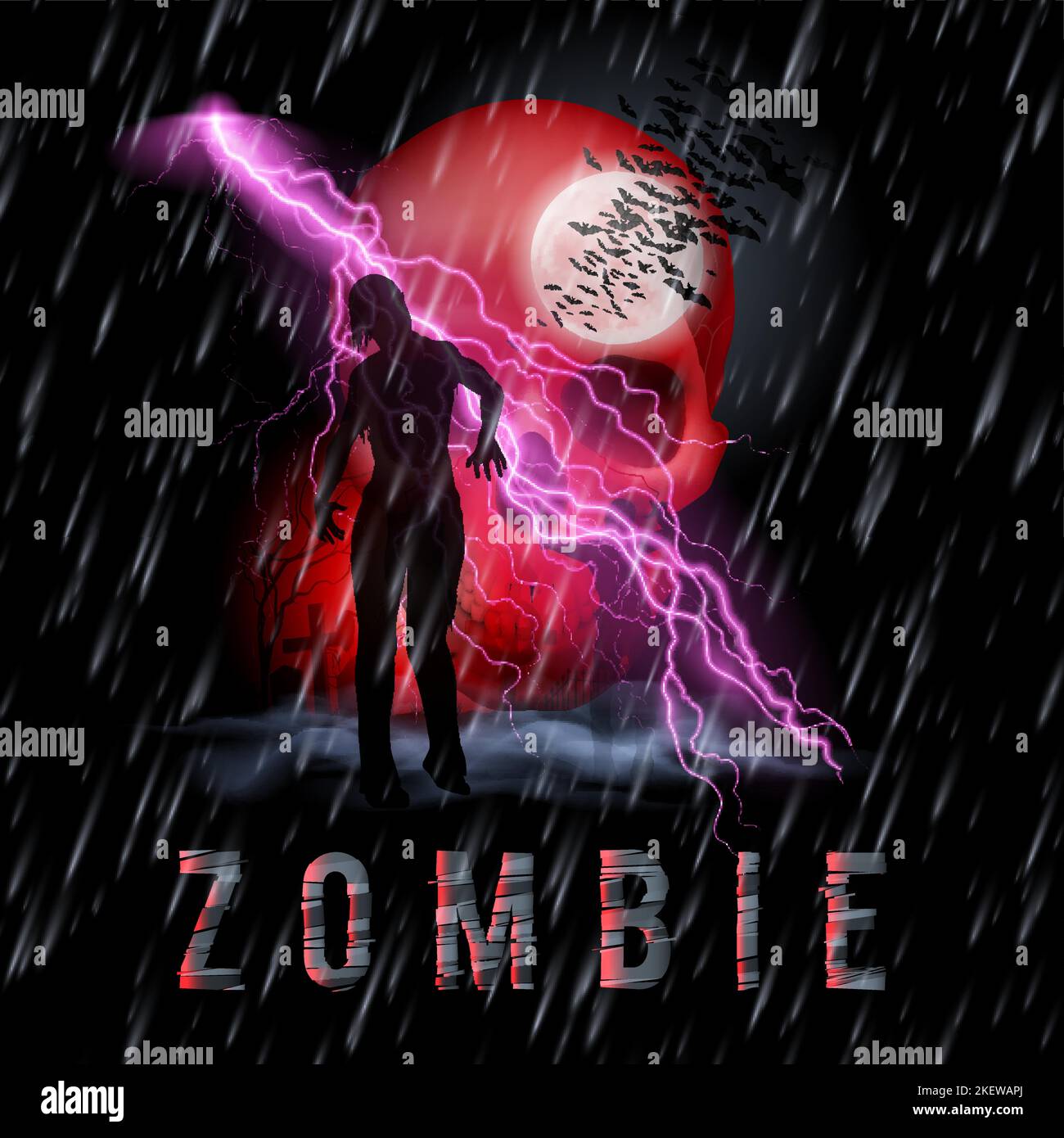 Halloween Background with Walking Zombie in a Rainy Weather Stock ...