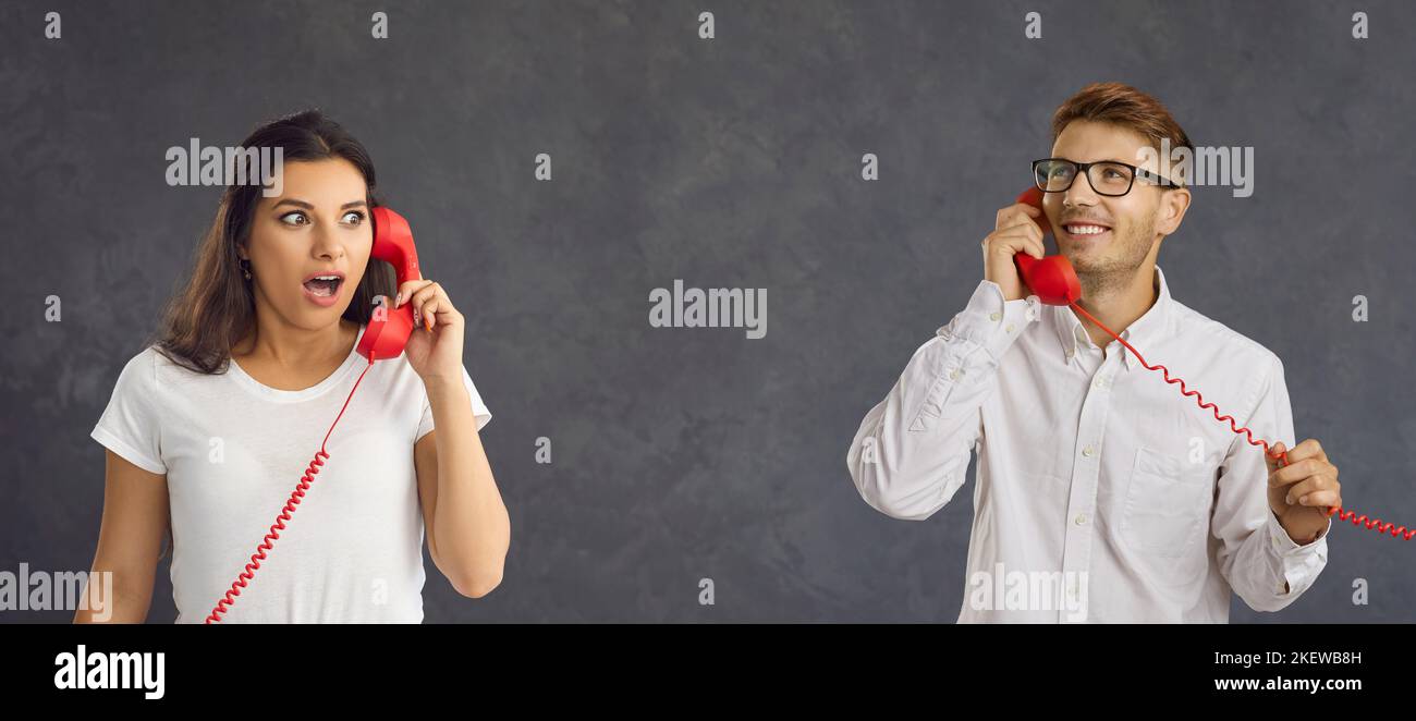 Portrait of two people having interesting conversation on a red ...