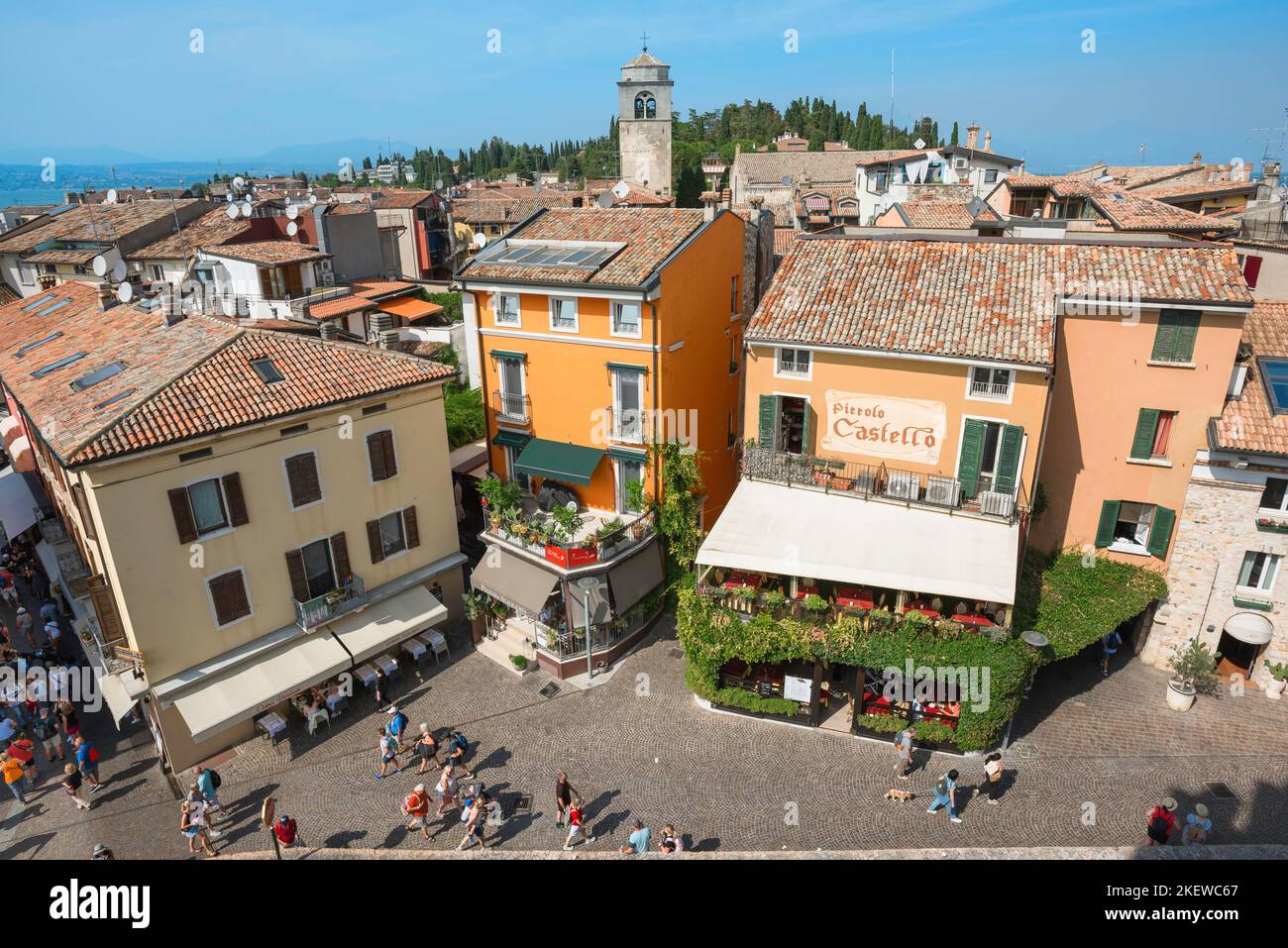 Lake Garda town, view of a group of scenic cafe bars in the Via Dante ...