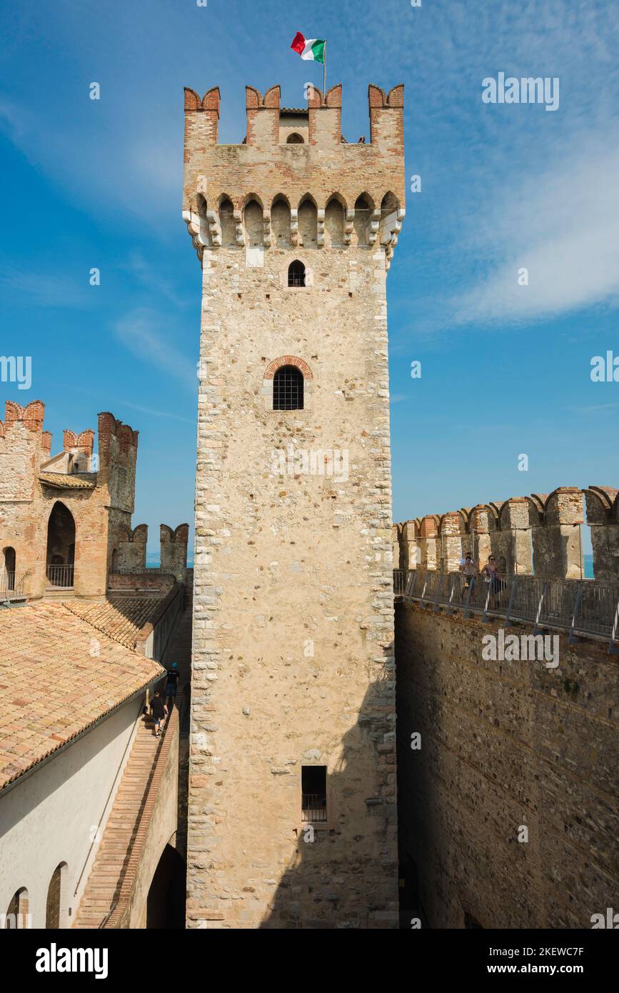 Scaligero Castle Sirmione, view in summer of the tower keep rising from ...