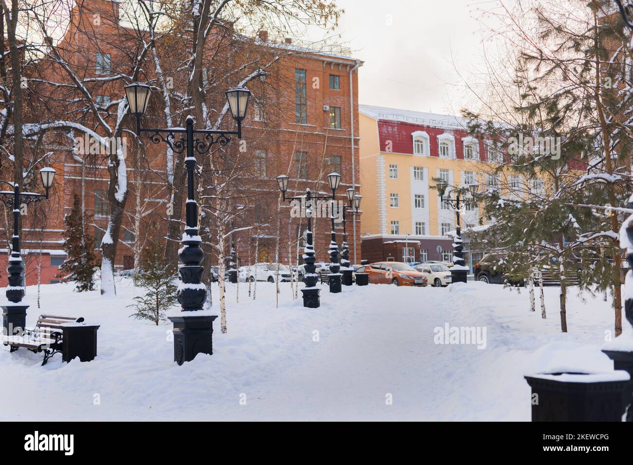 Snowy winter street scene with buildings - snow and city concept Stock ...