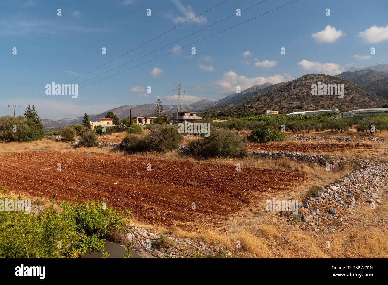 Malia, Crete, Greece. 2022. Rural farming landscape with a backgrouns ...