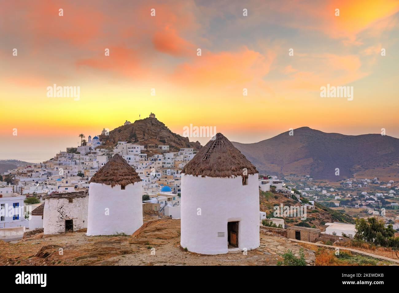 The sunset from the windmills of Chora in Ios island, Greece Stock ...