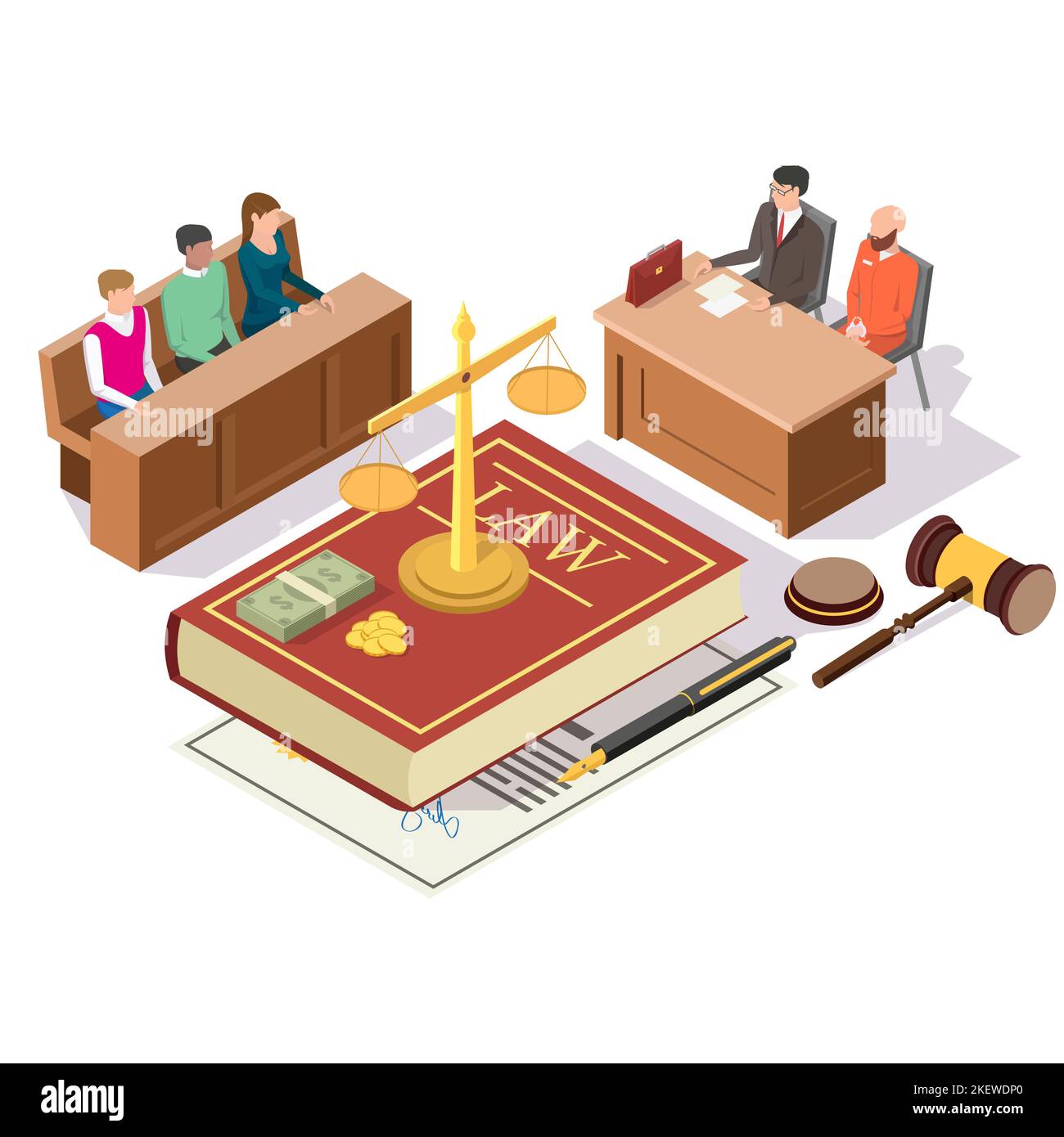 Law and Justice composition, vector illustration. Criminal trial in ...