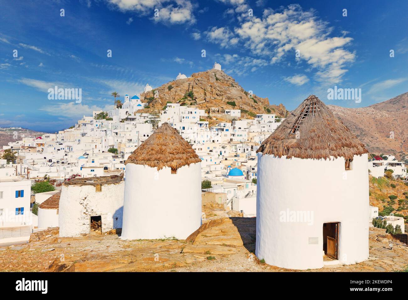 The famous windmills of Chora in Ios island, Greece Stock Photo - Alamy