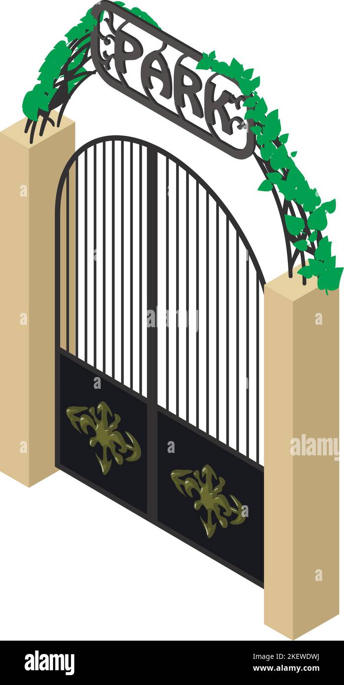 Park entrance icon isometric vector. Inscription park over close metal ...