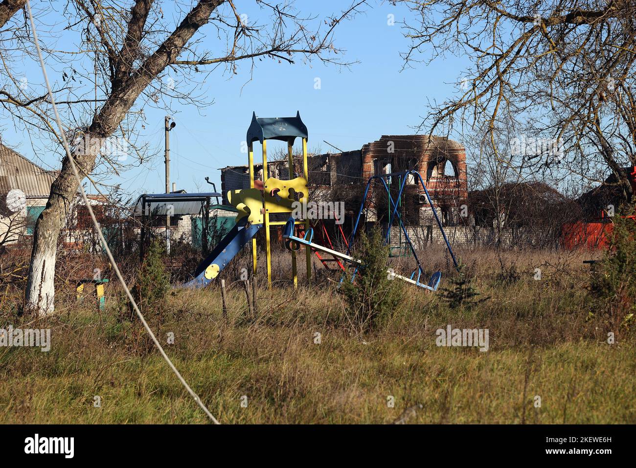 KHARKIV REGION, UKRAINE - NOVEMBER 13, 2022 - Aftermath of shelling by ...