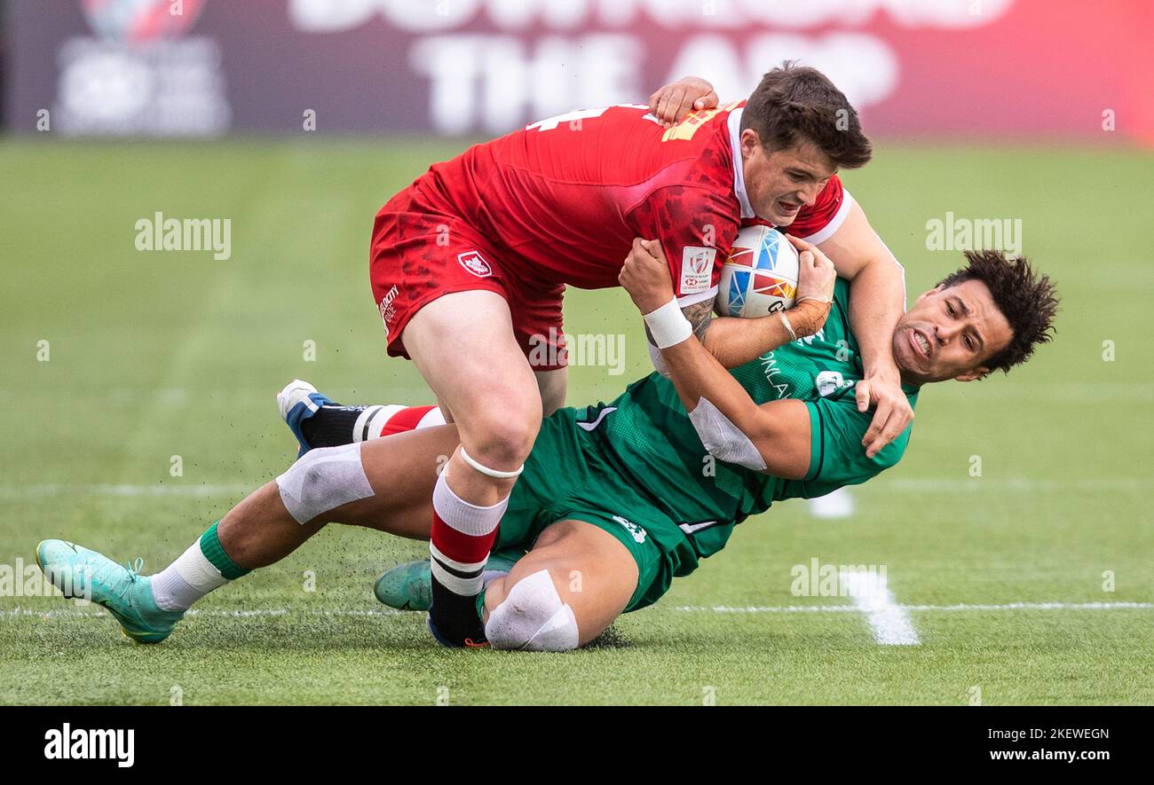 Ireland's Conor Phillips tackles Canada's Nick Allen during HSBC Canada ...