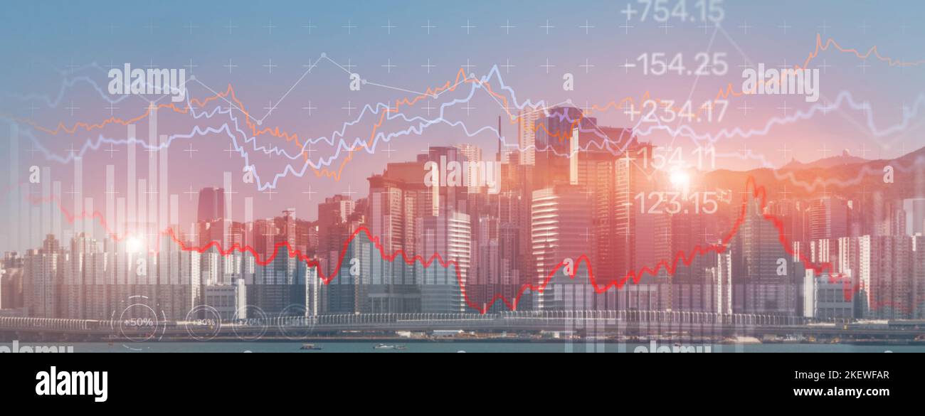 Double exposure Financial graphs and diagrams. Business, economics and ...