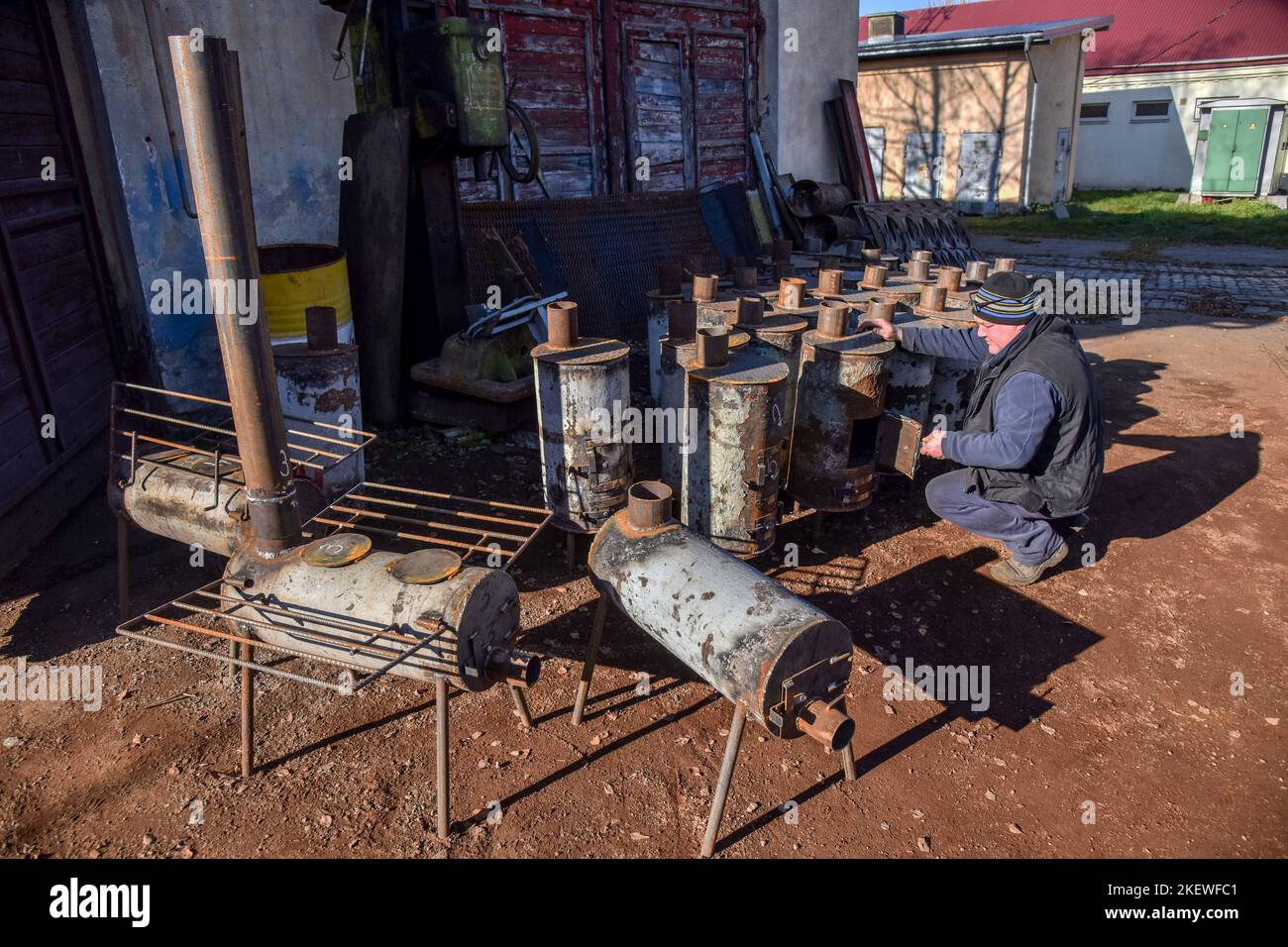 A worker of one of the Lviv utility companies checks ready-made special ...