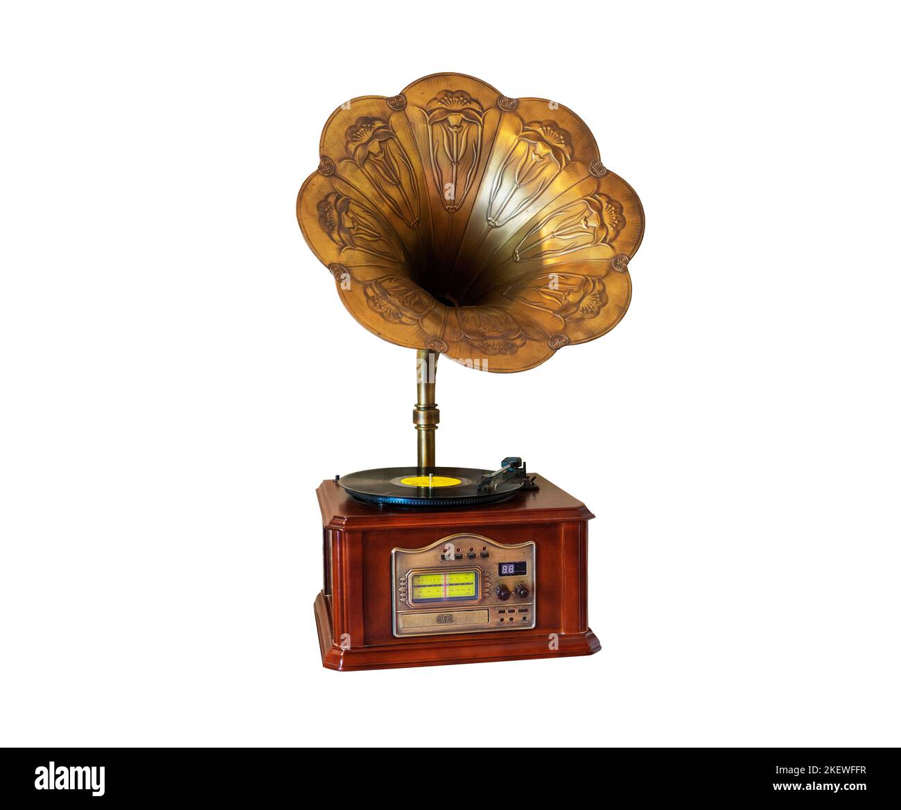 Vintage style gramophone, vinyl music player with white background ...