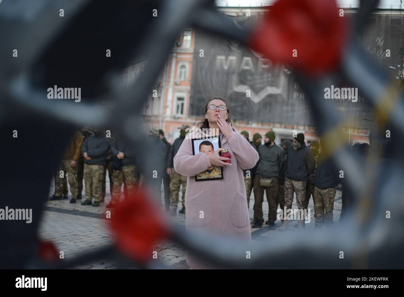 KYIV, UKRAINE - NOVEMBER 13, 2022 - A woman holds a portrait to ...