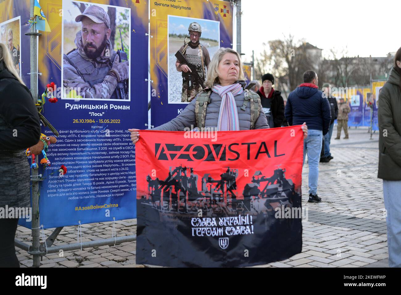KYIV, UKRAINE - NOVEMBER 13, 2022 - A woman holds a banner to ...