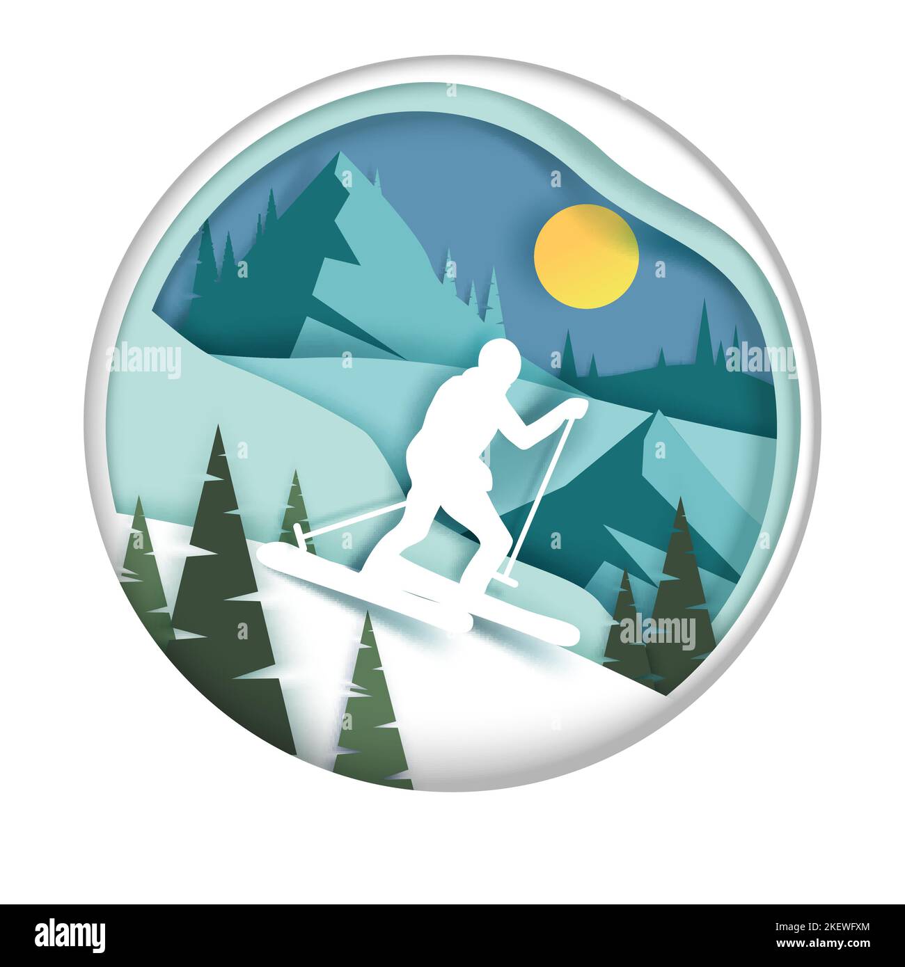 Downhill skiing, vector illustration in paper art modern craft style ...