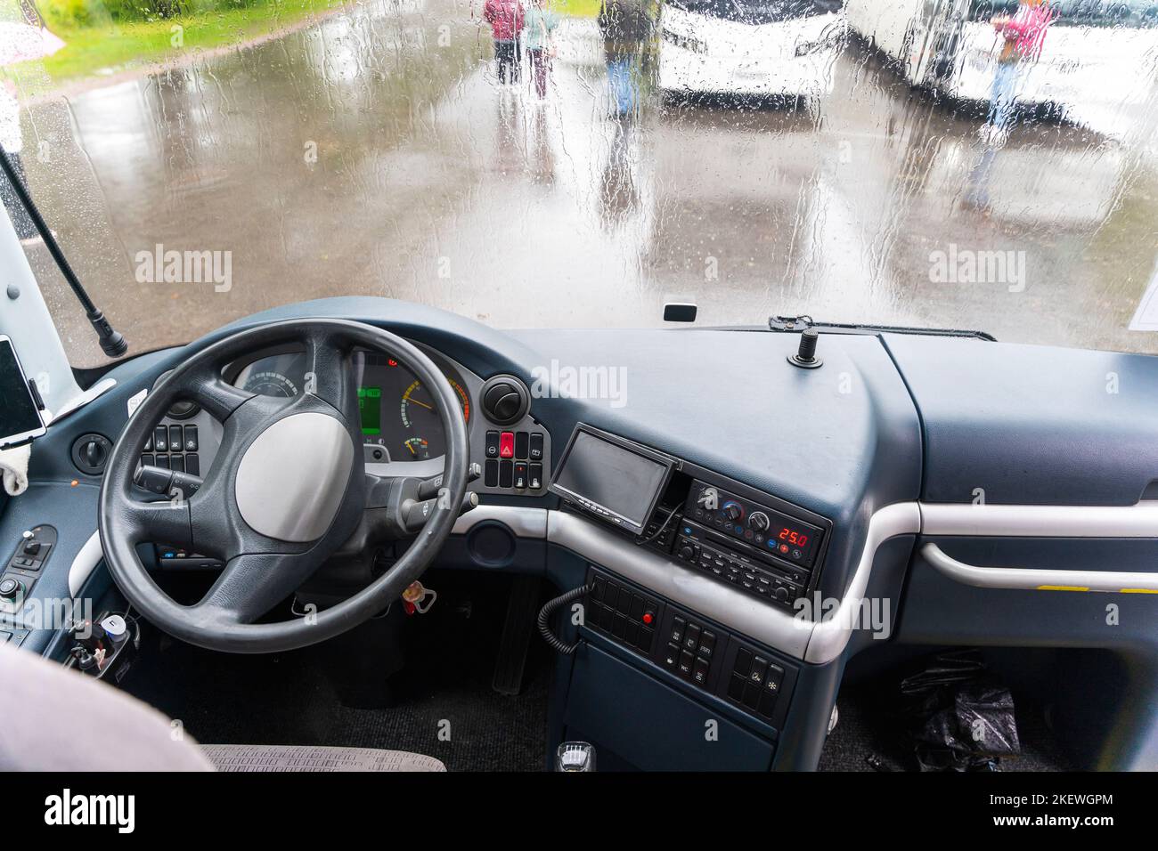 view of the dashboard and steering wheel of a tourist bus Stock Photo ...