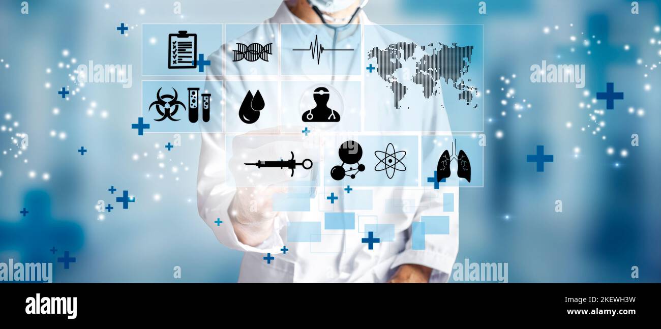 Medical doctor with stethoscope working with modern virtual screen ...