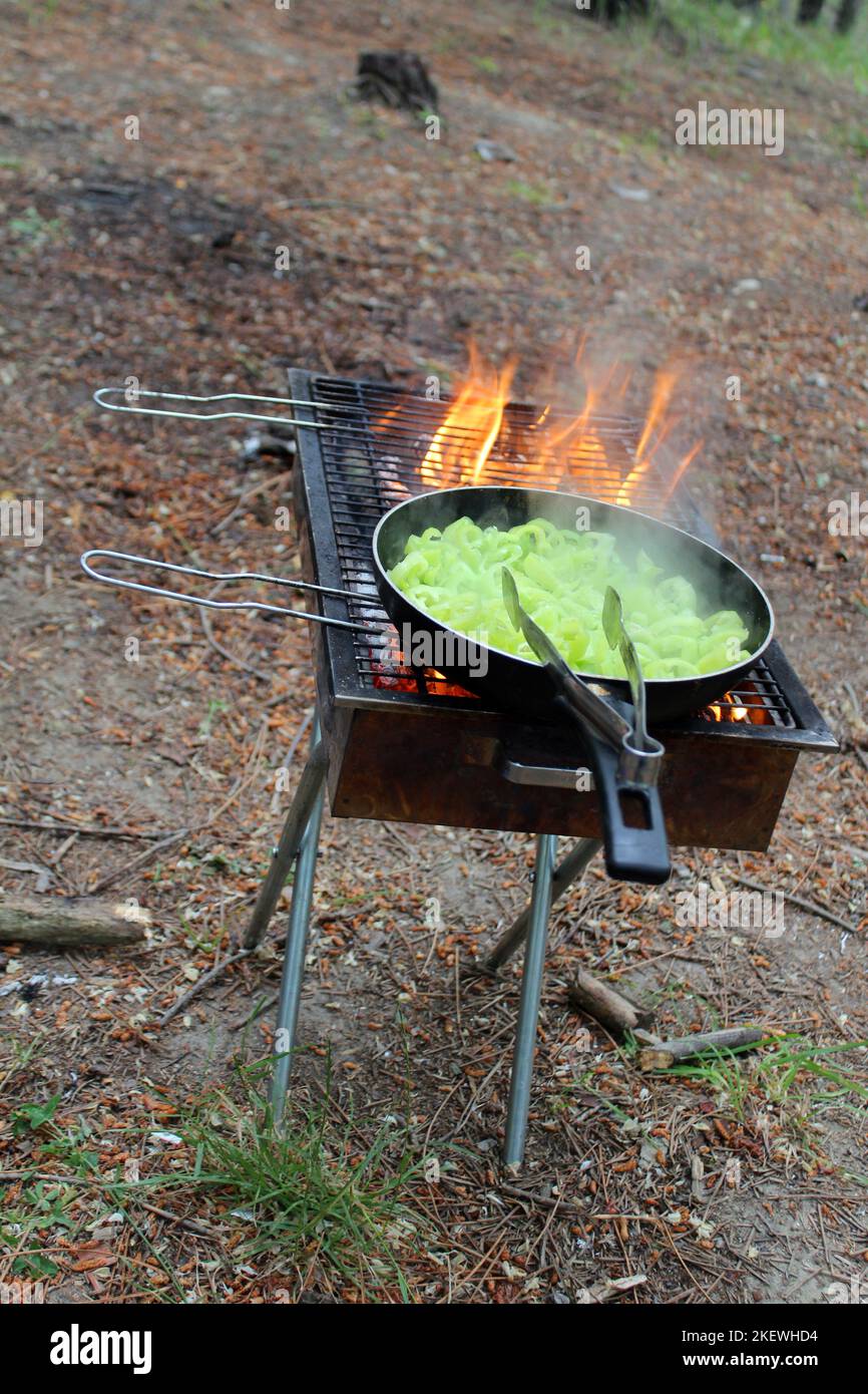 Cooking in a pot on the barbecue in the woods Stock Photo - Alamy