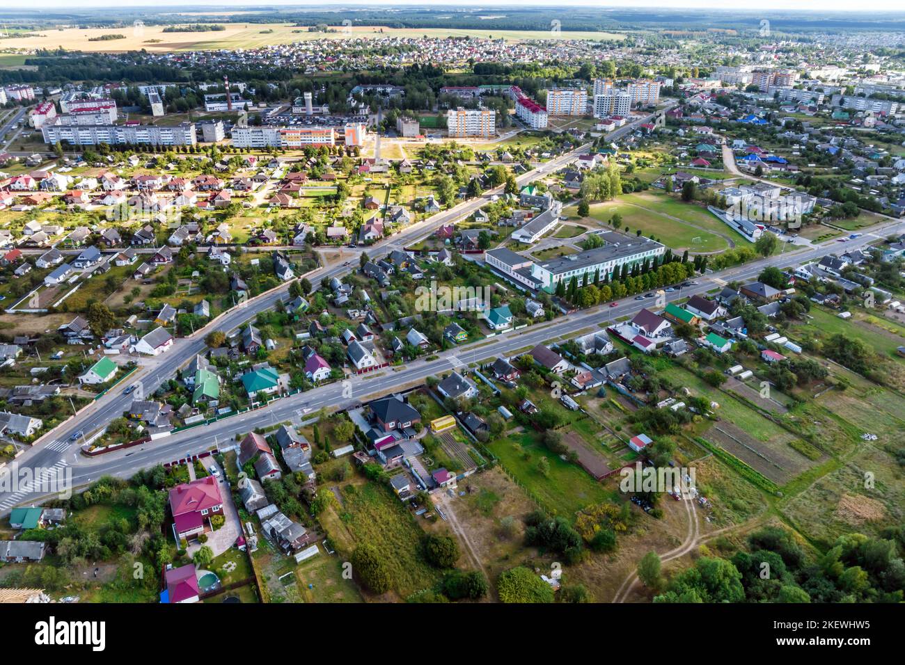 aerial panoramic view from great height of provincial town with a ...