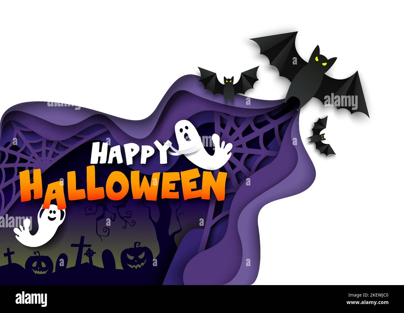 Flying bats, cute Boo ghosts, night background with cemetery with ...