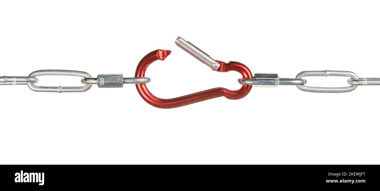 Red spring hook on a stretched chain, straightened from tension ...