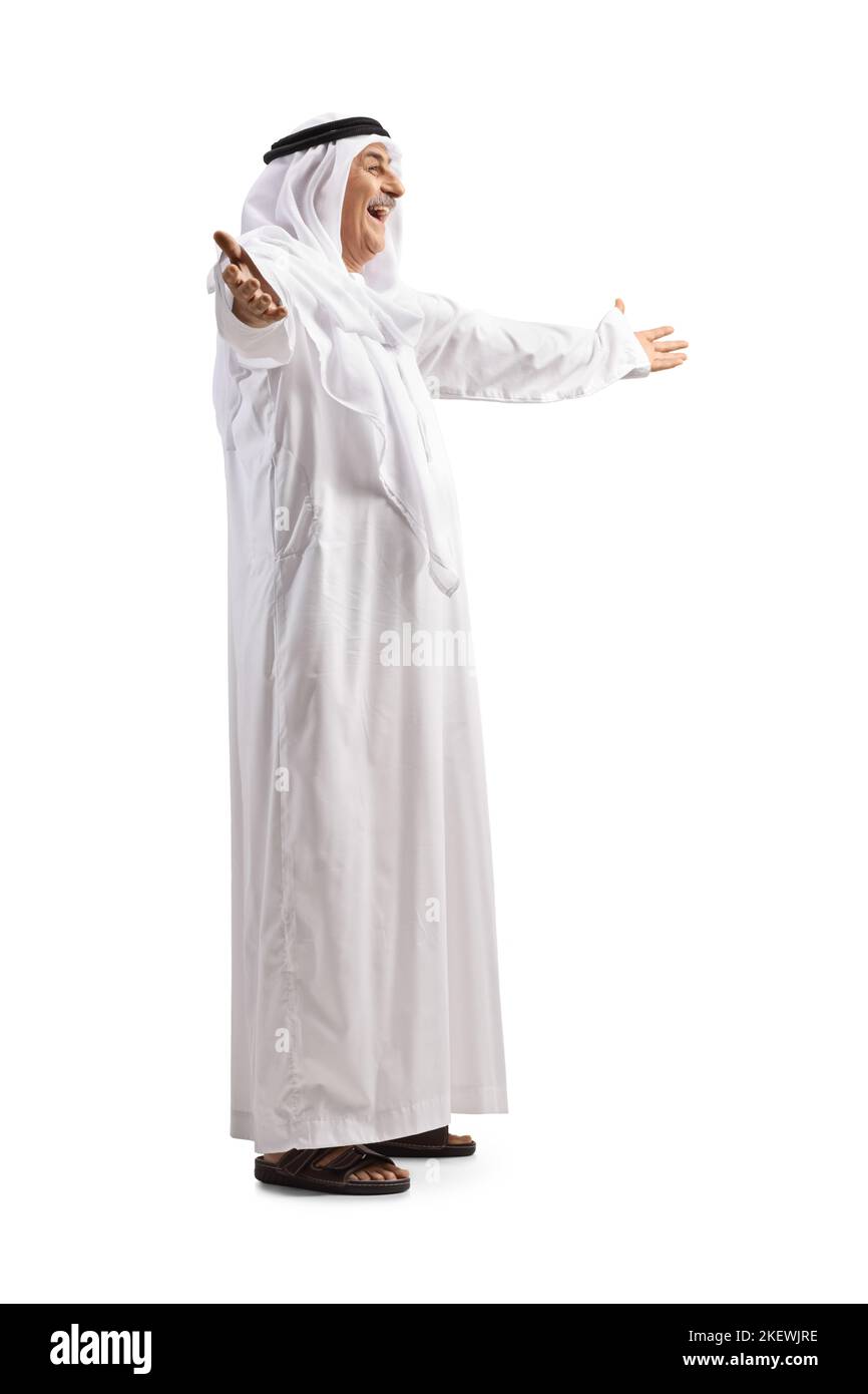 Full length profile shot of an excited mature arab man in a robe with ...