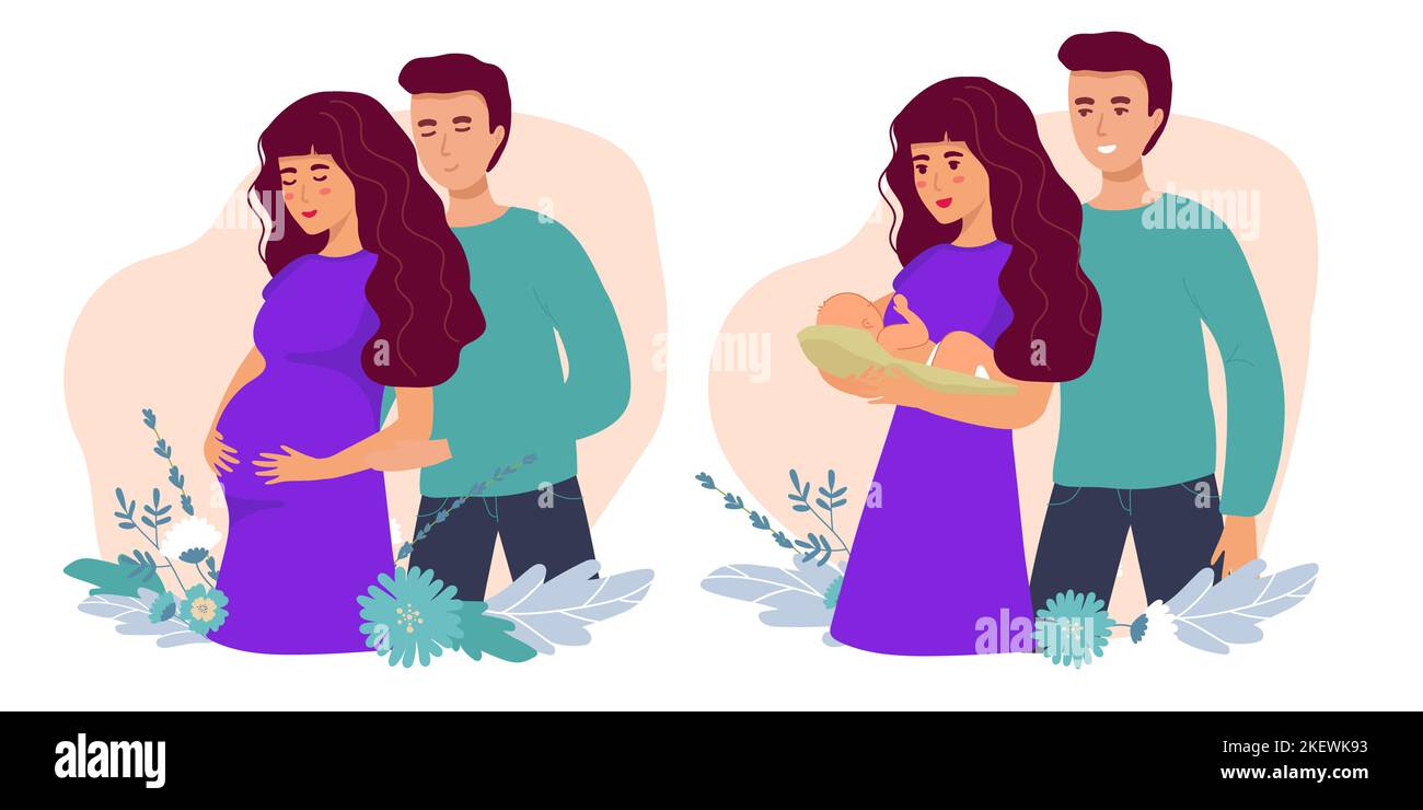 Set of illustrations about pregnancy and motherhood. Pregnant woman ...
