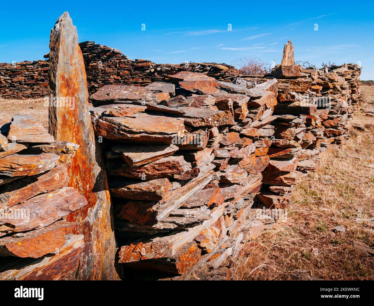 Slate stone wall delimiting plots. Cantalojas, Guadalajara, Castilla La ...