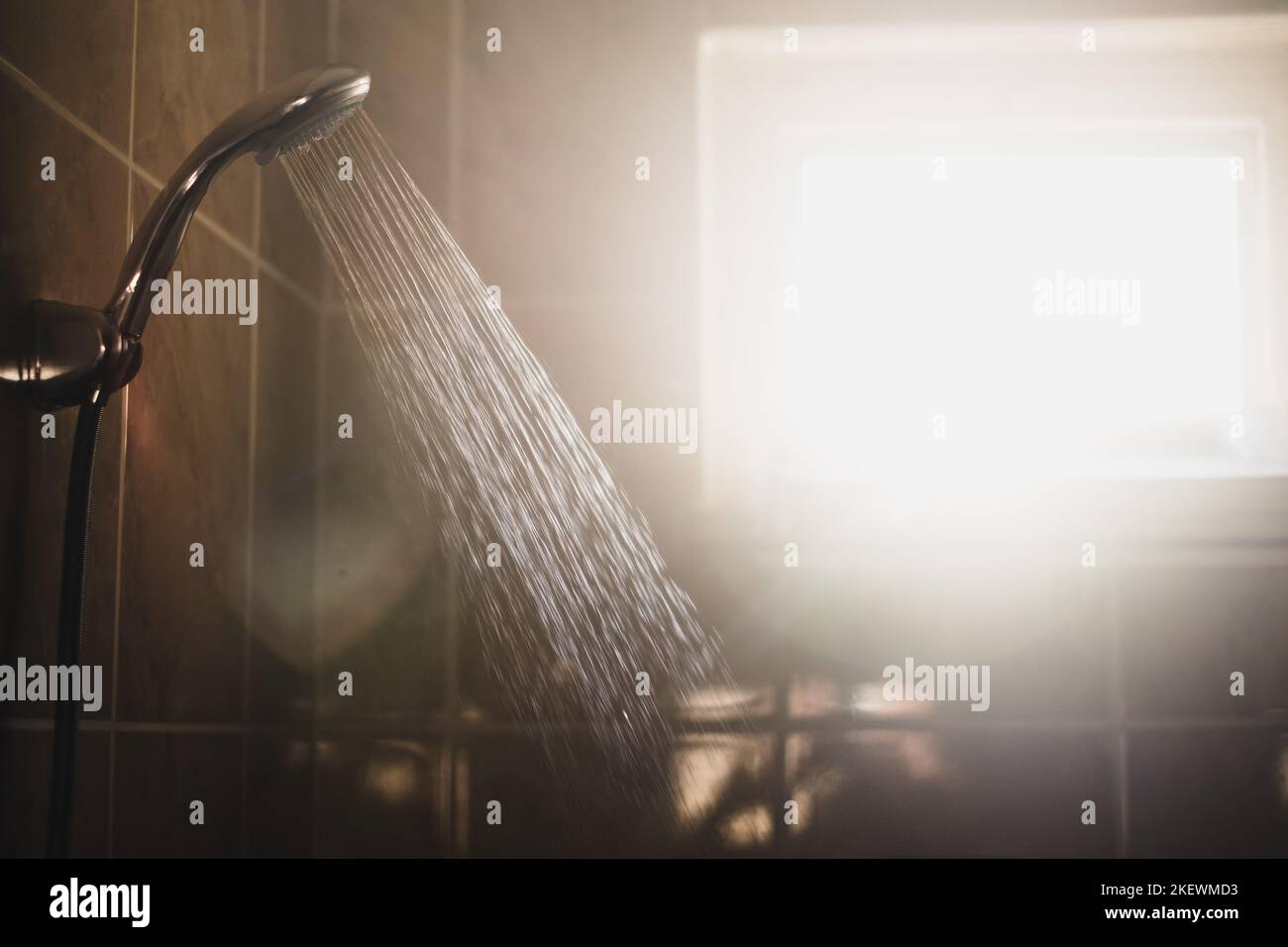 shower with flowing water and steam with window on background Stock ...