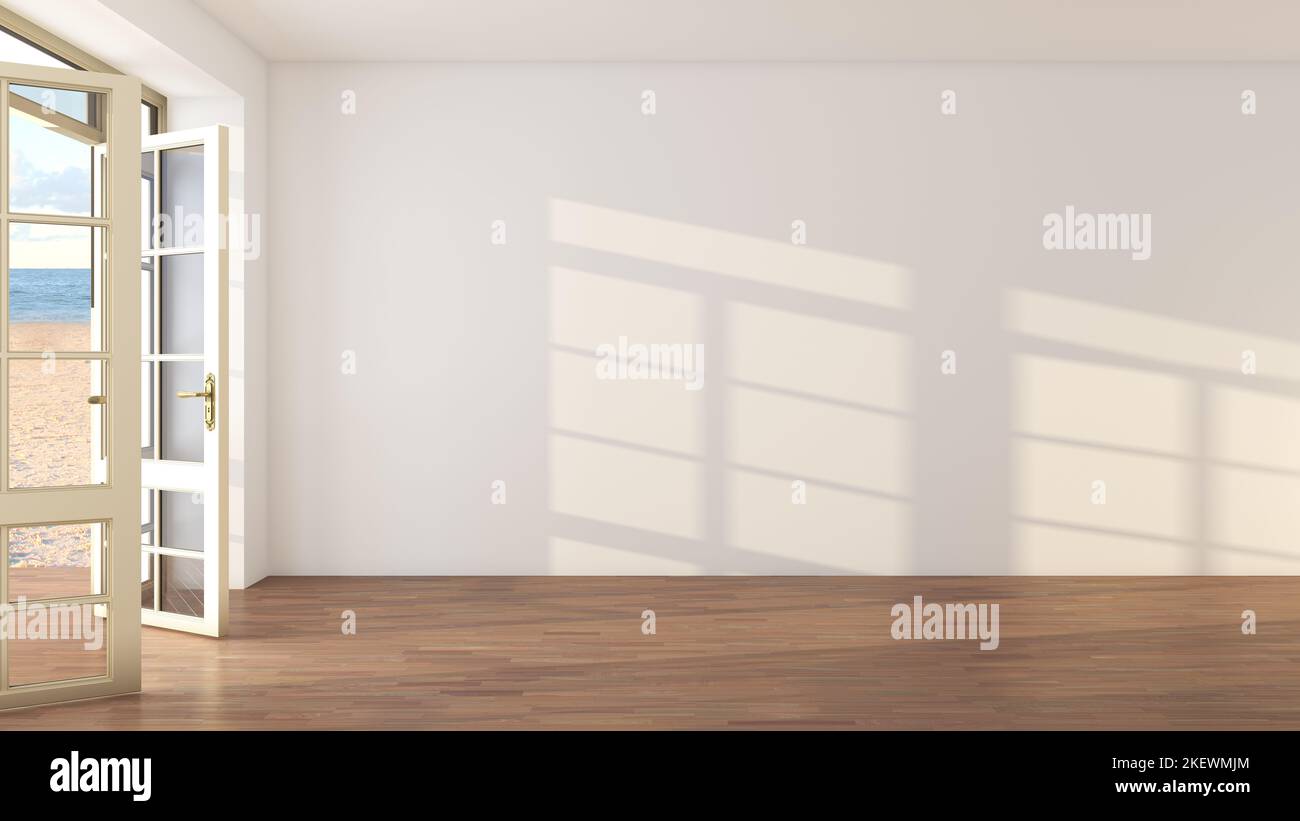 Sunny Beige Hotel Interior with Open Doors Overlooking the Beach ...