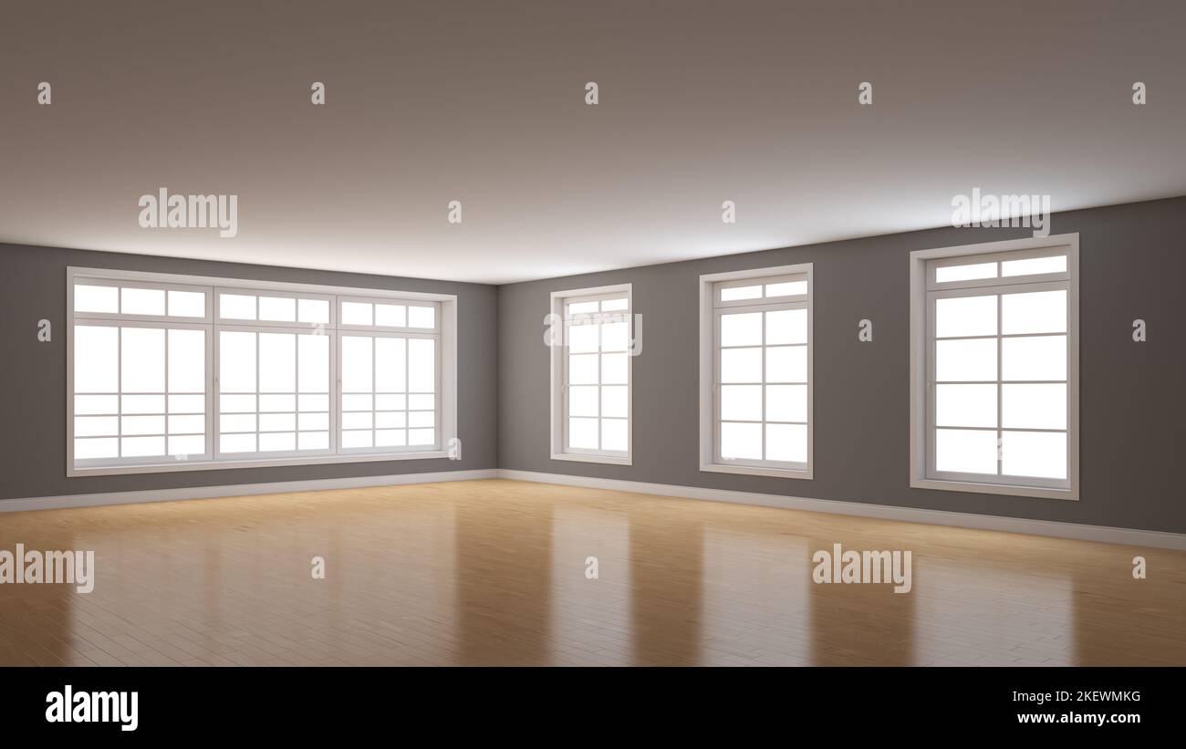 Beautiful Gray Room with Four Windows, Light Glossy Parquet Flooring ...