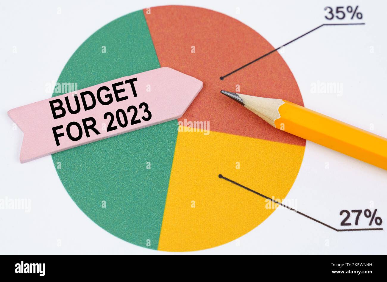 Business concept. On the pie chart there is a pencil and an arrow ...